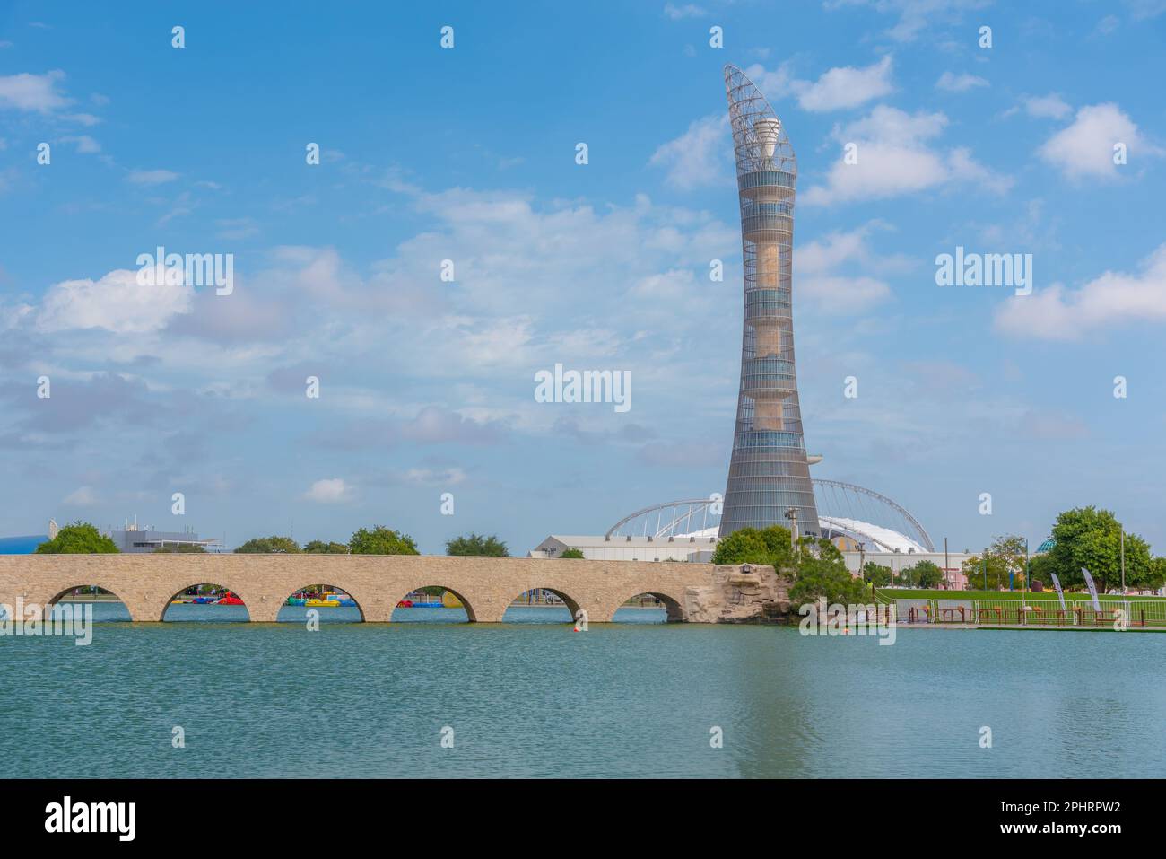 The torch tower in Doha viewed from the Aspire park, Qatar Stock Photo ...