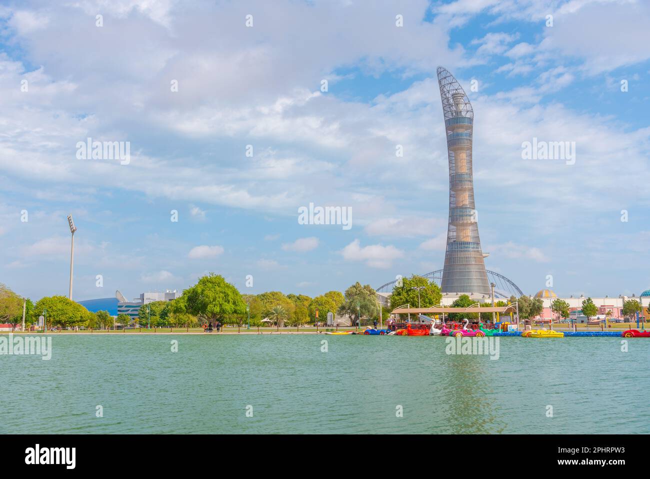 The torch tower in Doha viewed from the Aspire park, Qatar Stock Photo ...