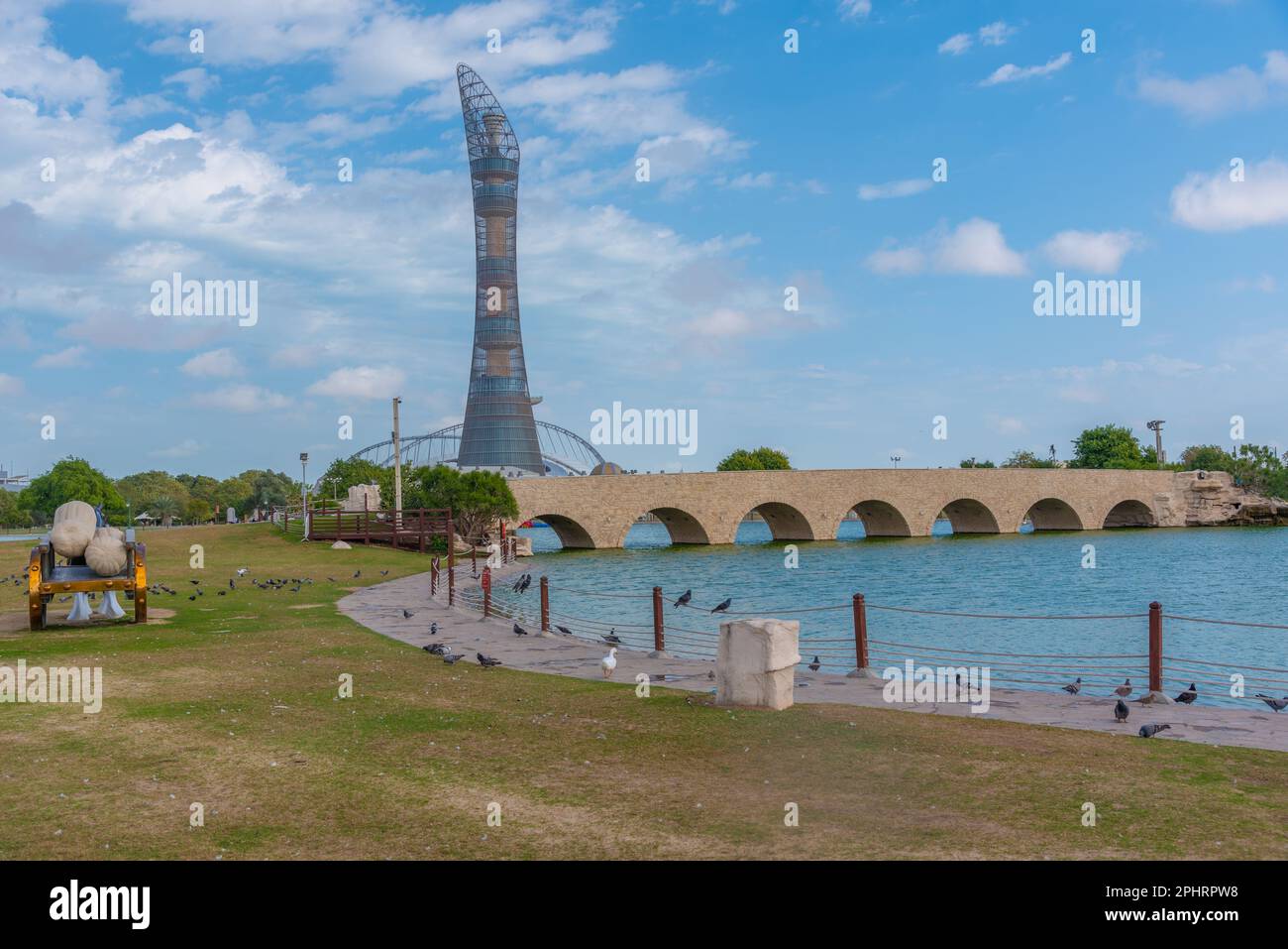 The torch tower in Doha viewed from the Aspire park, Qatar Stock Photo ...