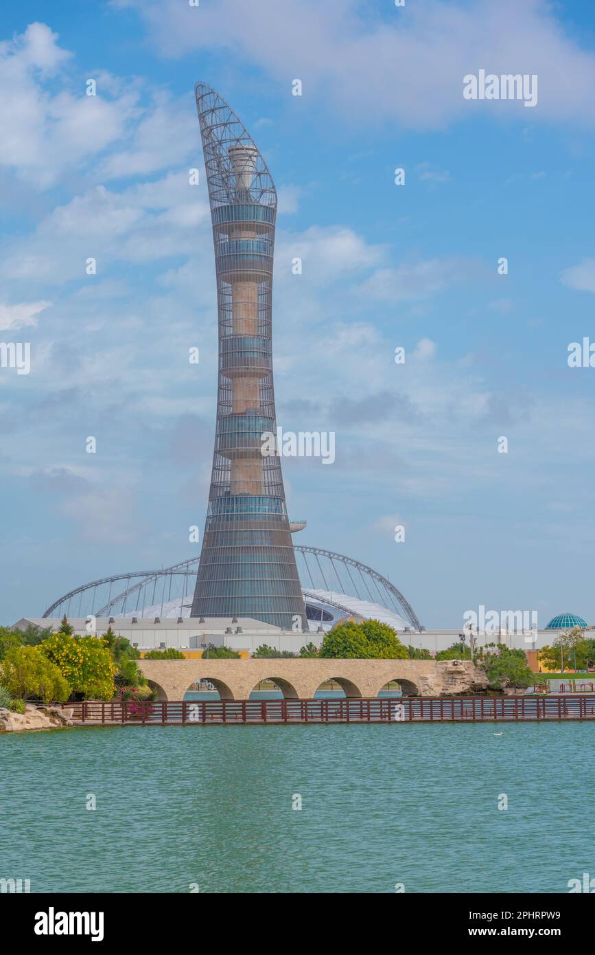 The torch tower in Doha viewed from the Aspire park, Qatar Stock Photo ...