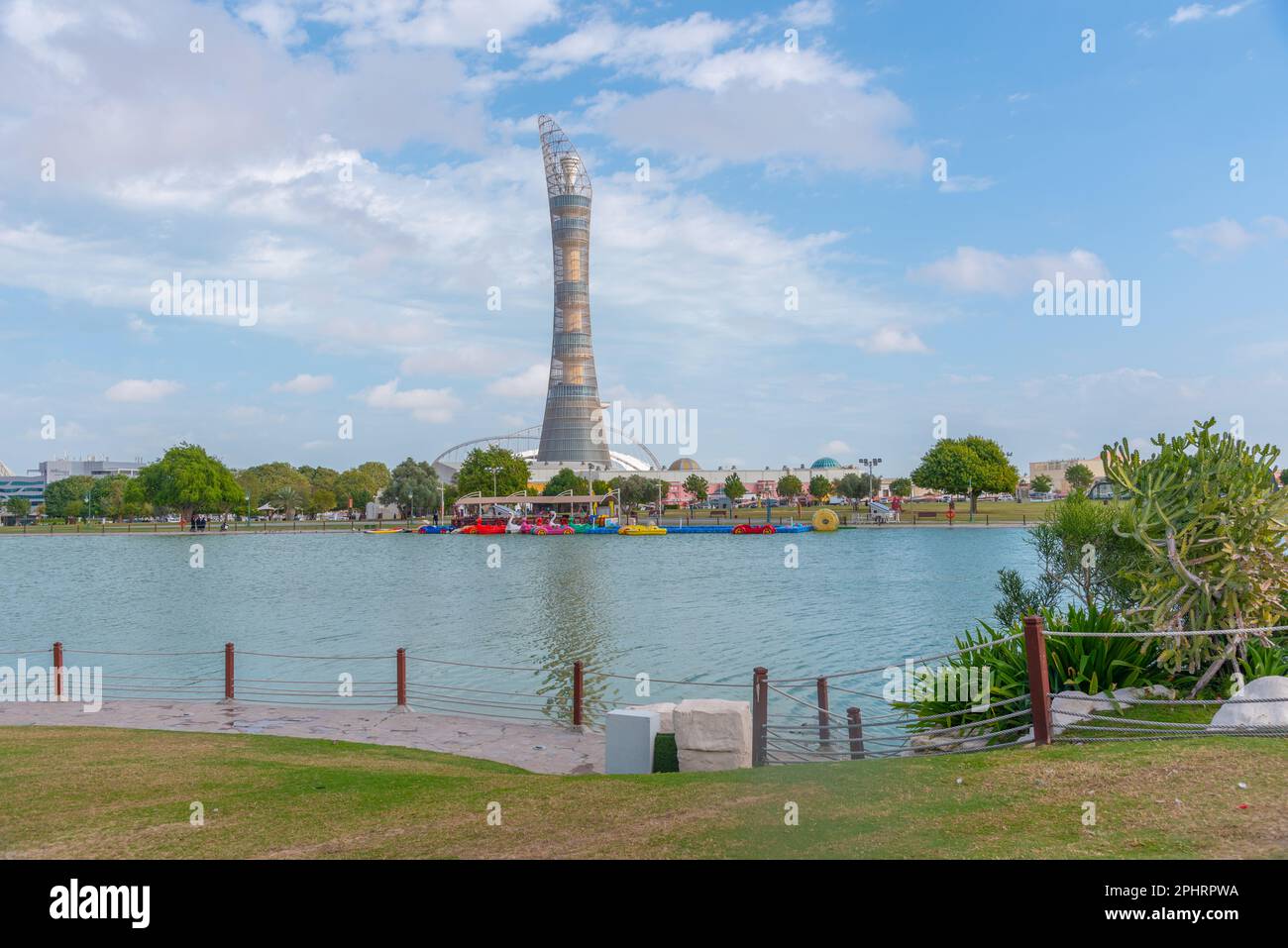 The torch tower in Doha viewed from the Aspire park, Qatar Stock Photo ...