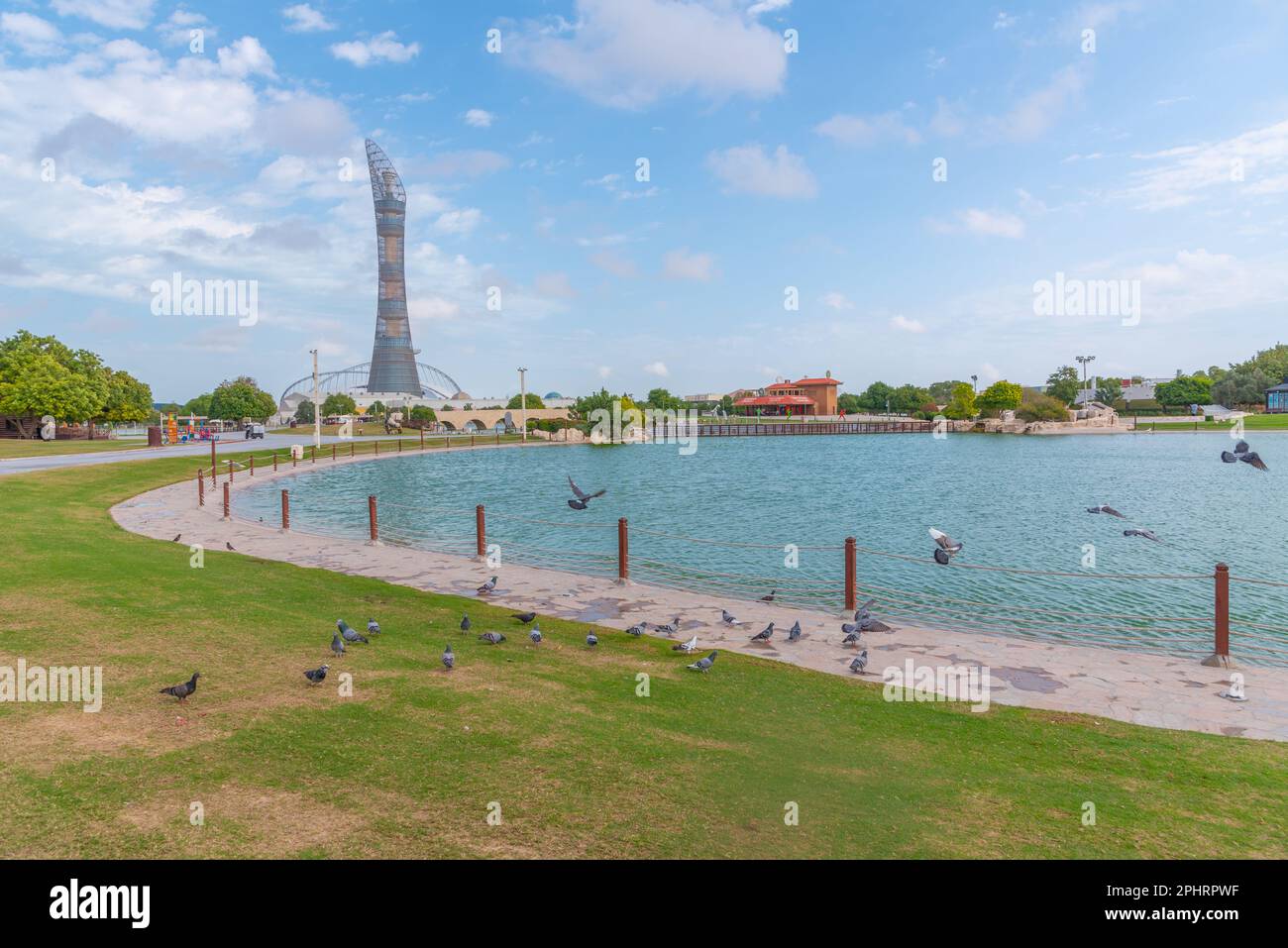 The torch tower in Doha viewed from the Aspire park, Qatar Stock Photo ...