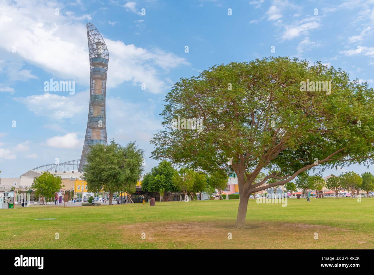 The torch tower in Doha viewed from the Aspire park, Qatar Stock Photo ...