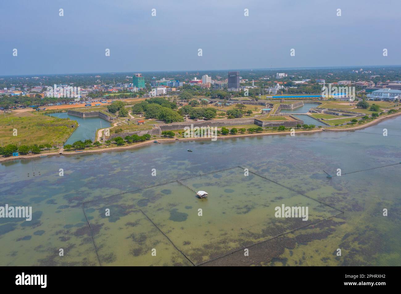 Aerial view of coast of Jaffna and old military fortress in Sri Lanka ...