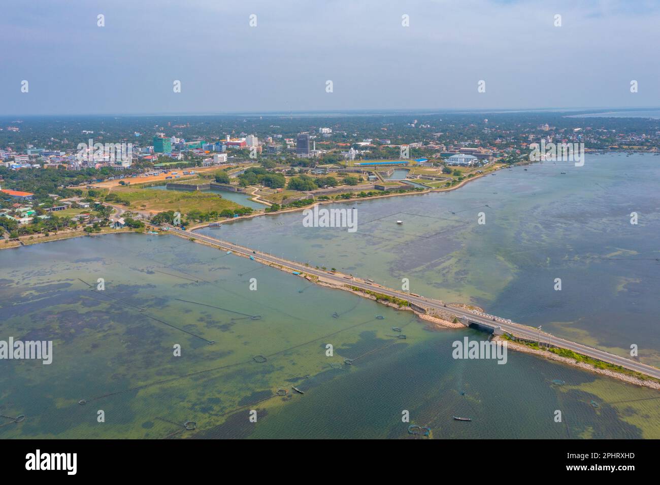 Aerial view of coast of Jaffna and old military fortress in Sri Lanka ...