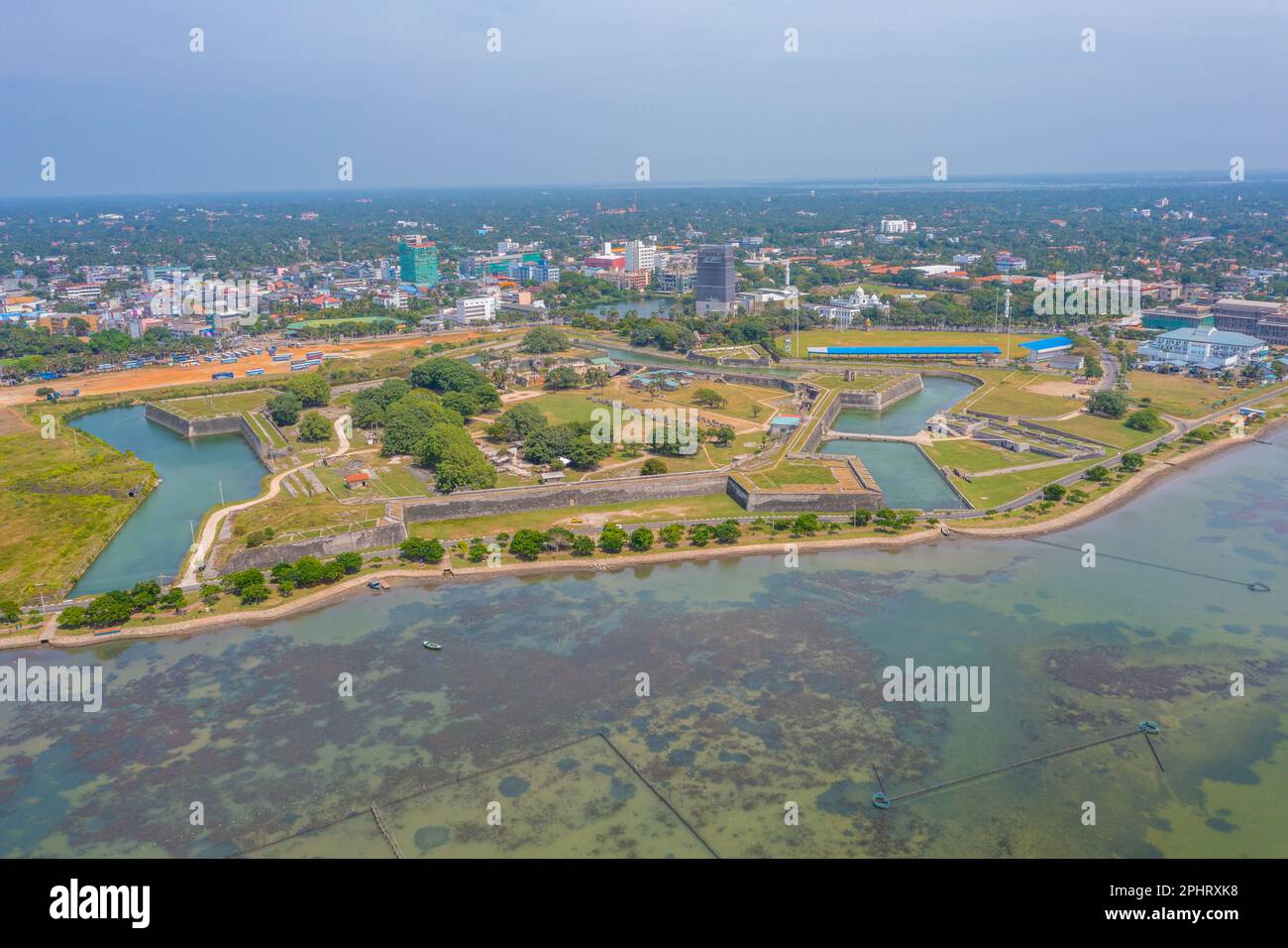 Aerial view of coast of Jaffna and old military fortress in Sri Lanka ...