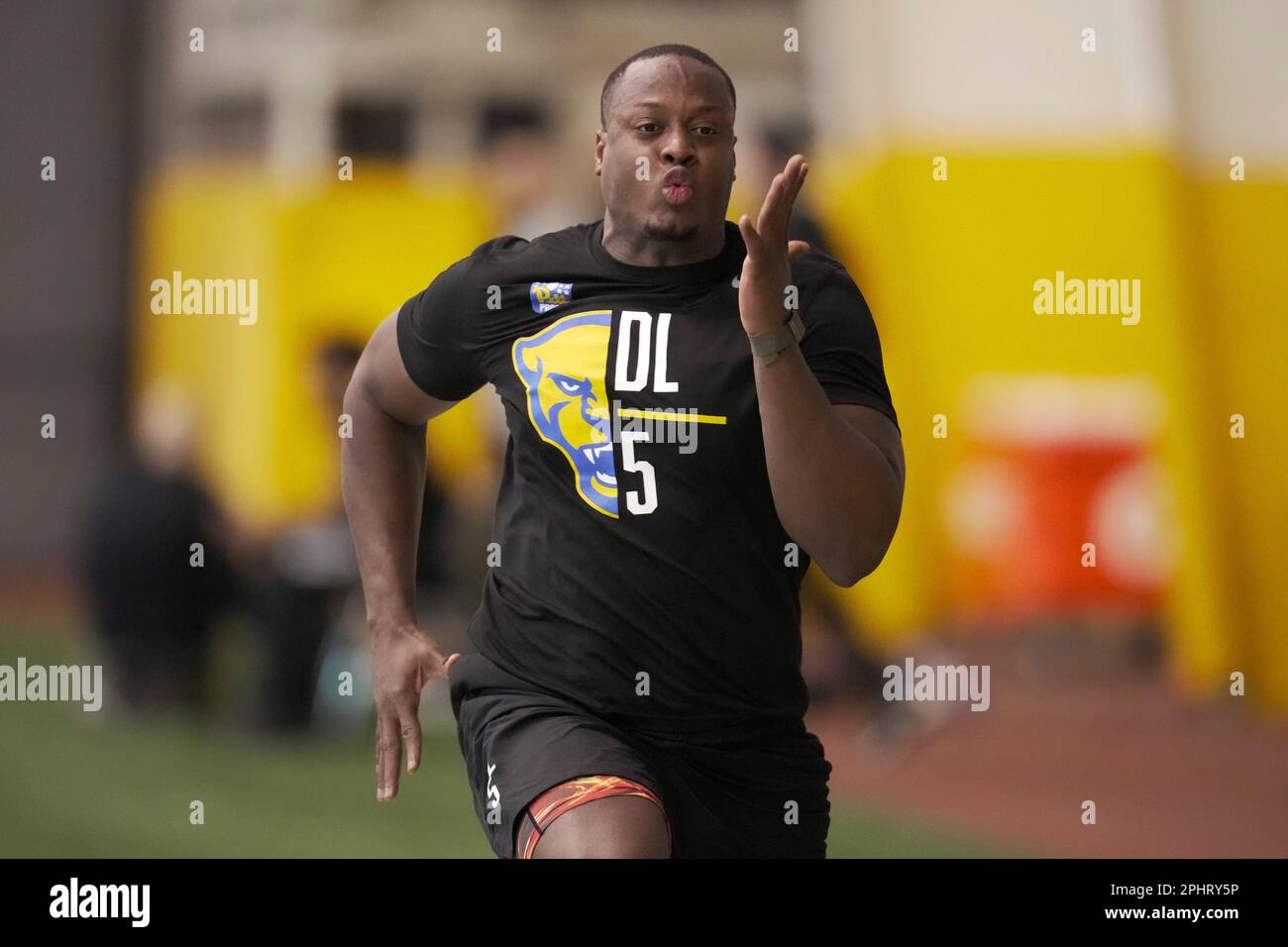 Pittsburgh defensive lineman Deslin Alexandre takes part in the NCAA ...