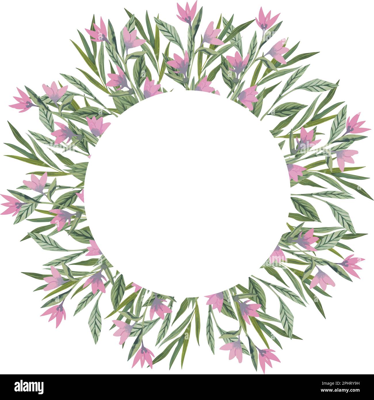 Round watercolor template with green leaves and flowers and circular ...