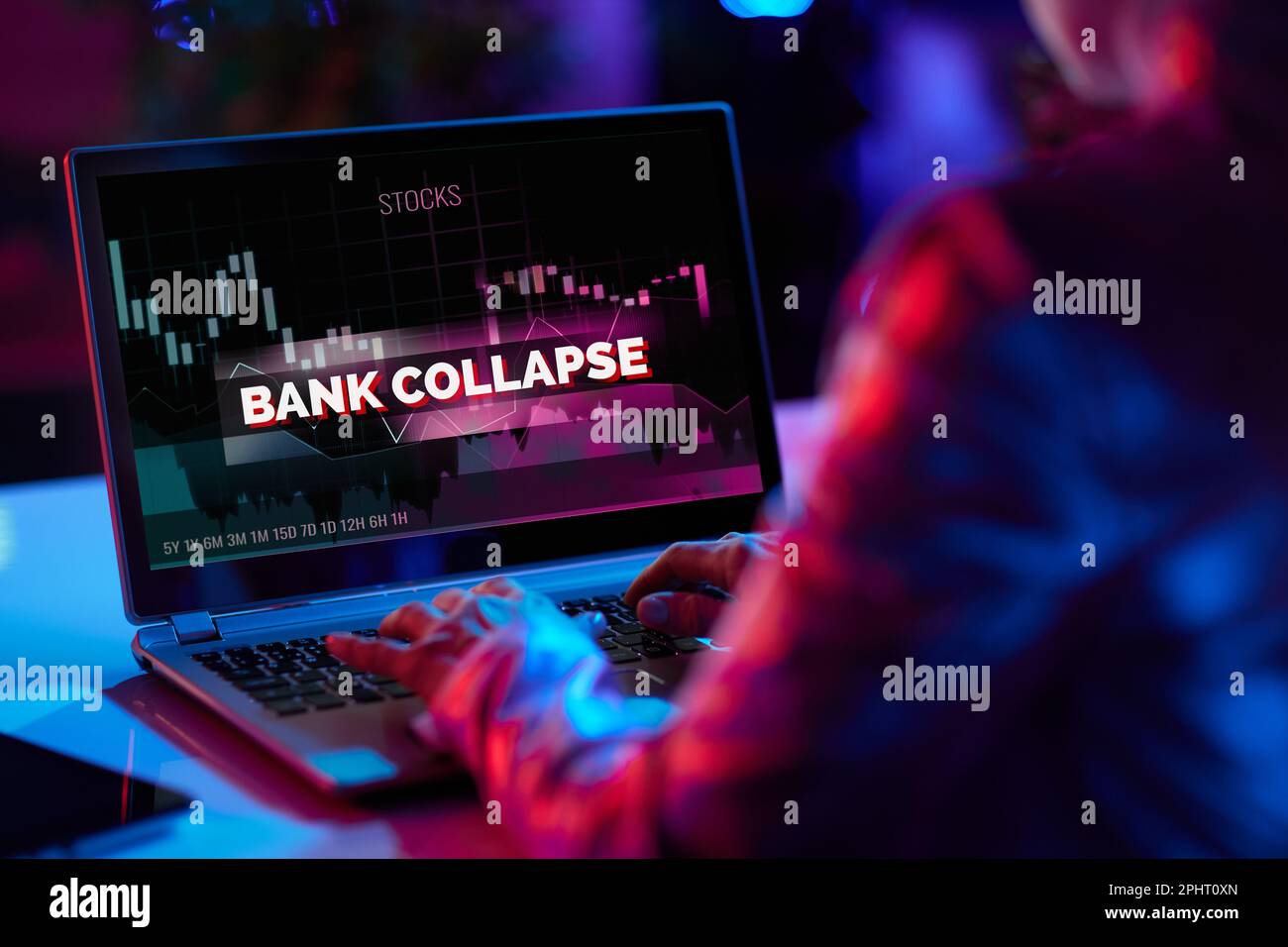 Closeup on modern female with laptop with bank collapse screen Stock ...