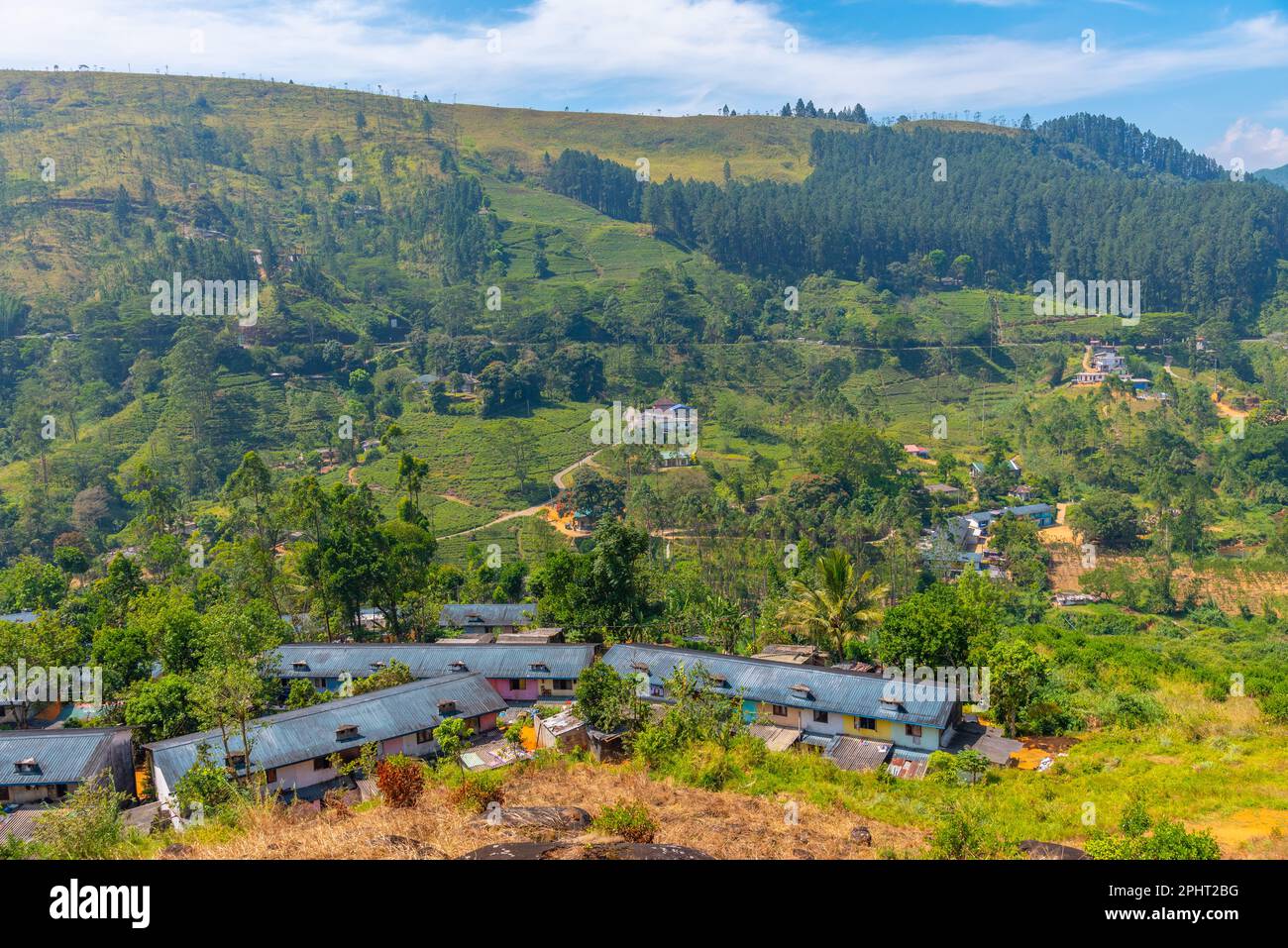 Hilly landscape of Sri Lanka dotted with villages and tea plantations ...