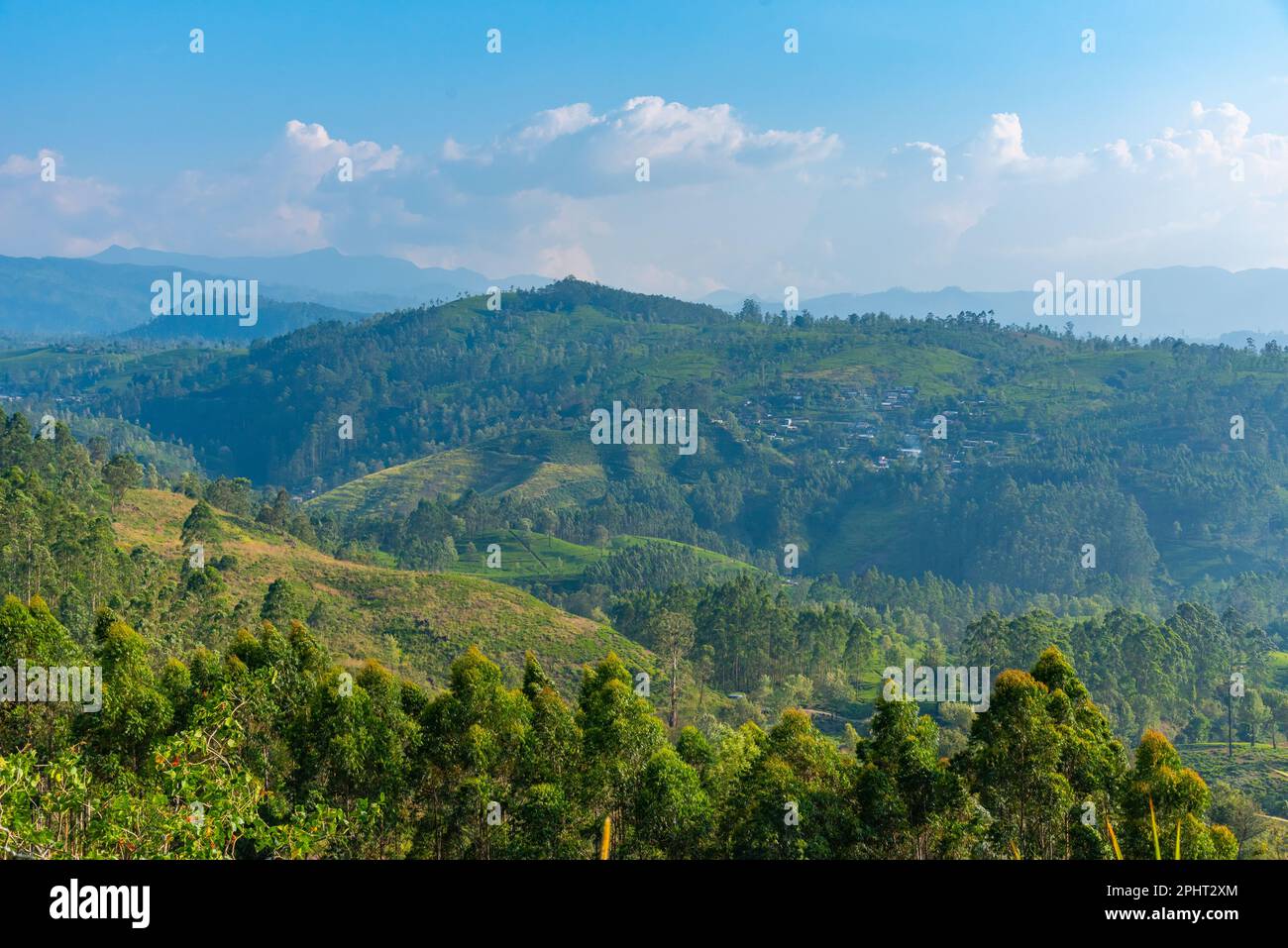 Hilly landscape of Sri Lanka dotted with villages and tea plantations ...