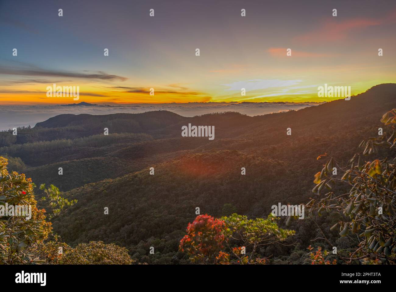 Sunrise over Sri Lankan highlands viewed from Horton Plains national ...
