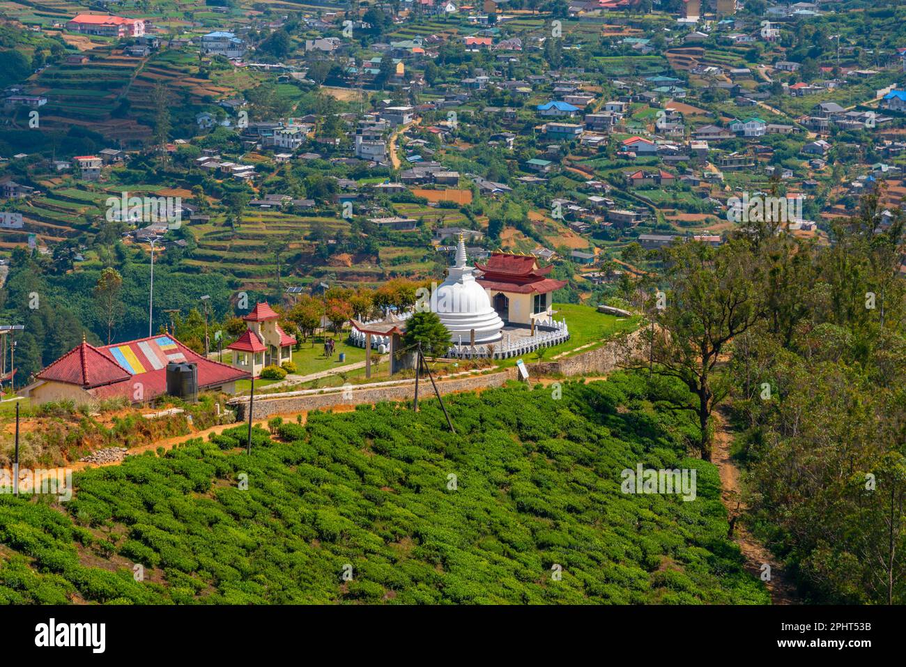 Aerial view of Swarnagiri Maha Viharaya temple at Nuwara Eliya at Sri ...