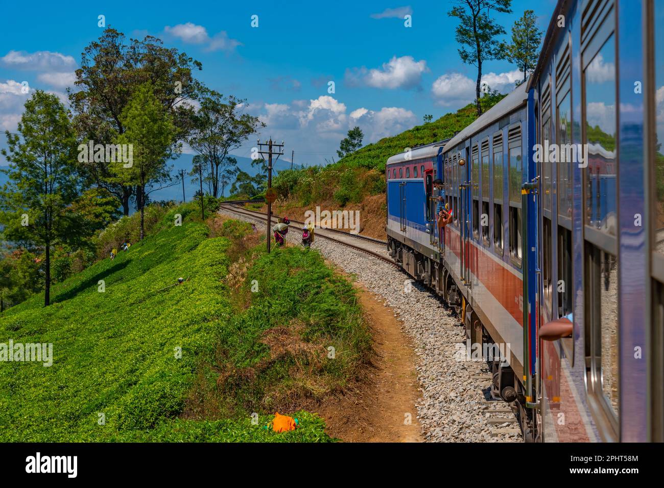 Train winding on a hillside track among tea plantations at Sri Lanka ...