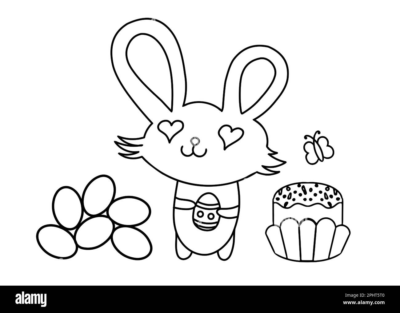 Happy Easter. Cute bunny and cake with eggs. Black and white vector ...