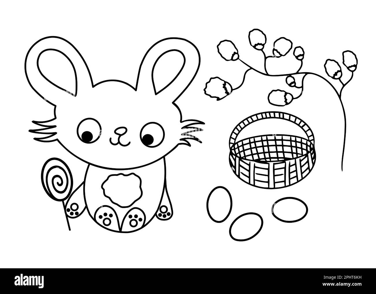 Happy Easter. Cute bunny and basket with eggs. Black and white vector ...