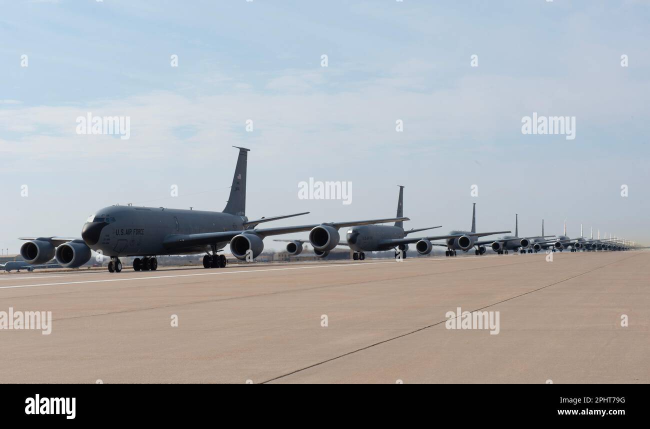 Sixteen KC-46 Pegasus and five KC-135 Stratotankers perform an elephant ...