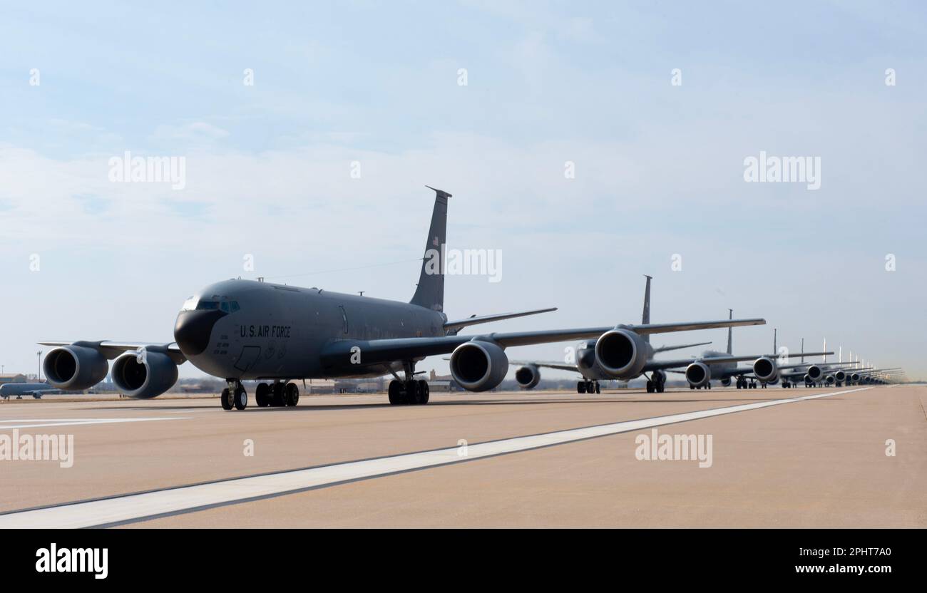 Sixteen KC-46 Pegasus and five KC-135 Stratotankers perform an elephant walk during Exercise ...