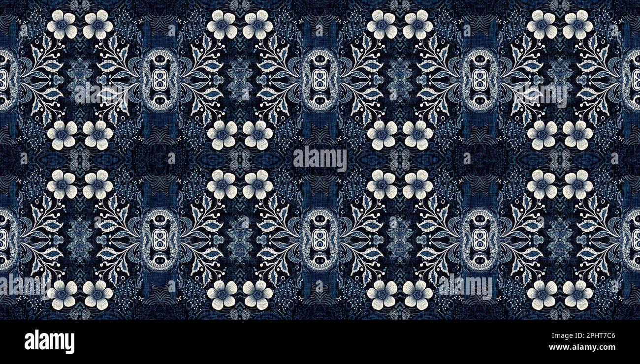 Retro indigo floral bandana 2 tone patterned fabric border background ...