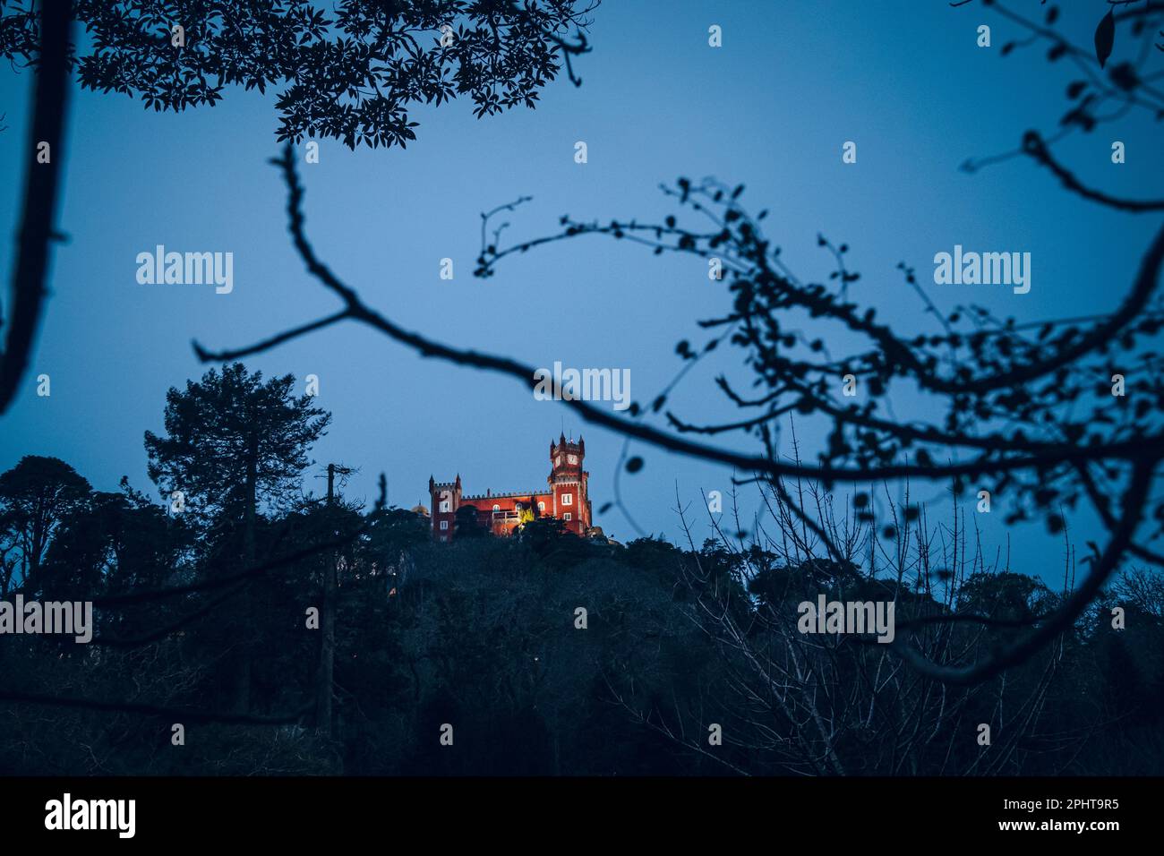 Night image of the Pena National Palace in Sintra, Portugal Stock Photo ...