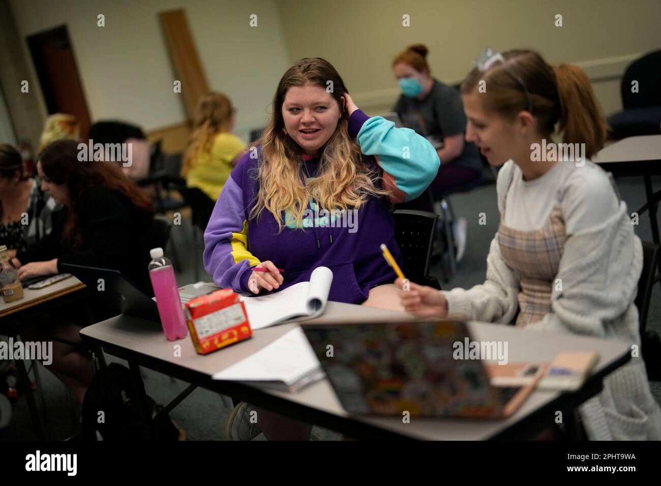 Students Camryn Robinson, left, and Adeline Harrell work together on an ...