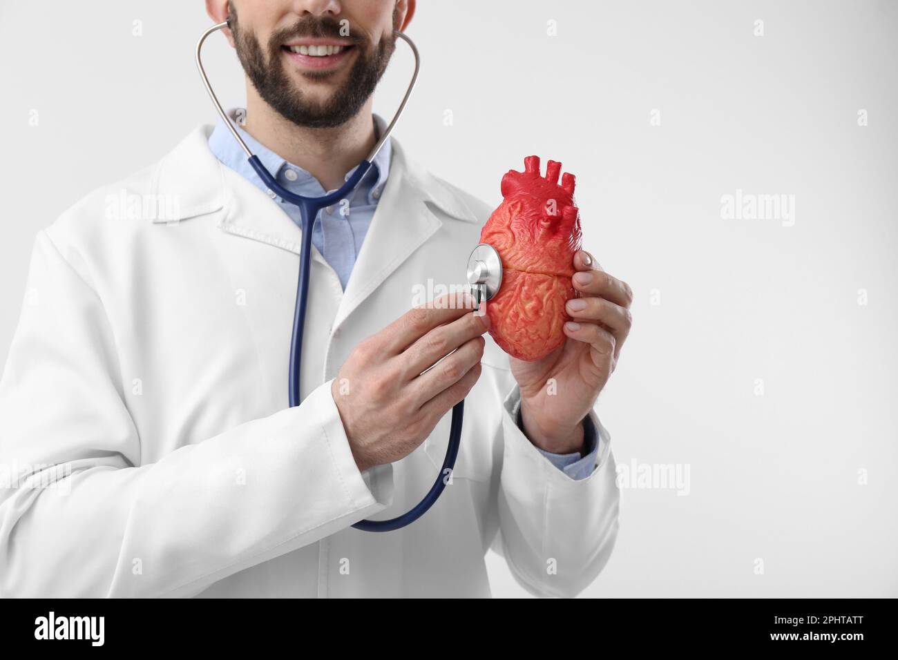 Doctor with stethoscope and model of heart on white background, closeup ...