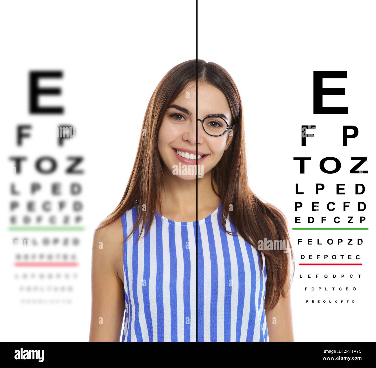 Collage with photos of woman with and without glasses and eye charts on ...