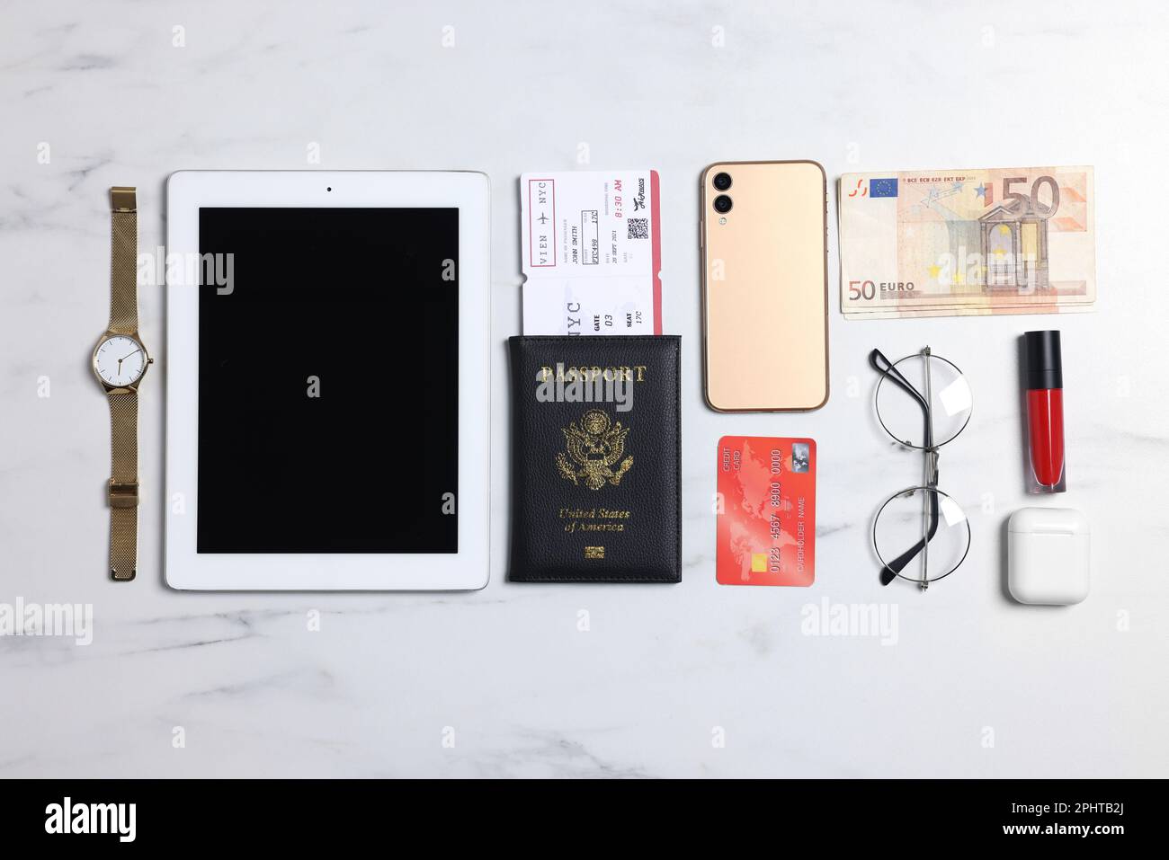 Flat lay composition with documents, money and accessories on white ...