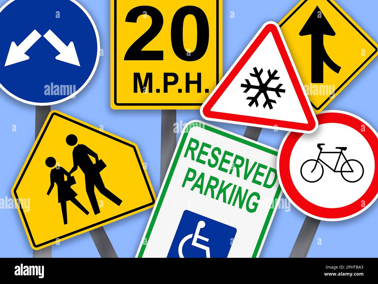 Collection of different traffic signs on turquoise background Stock ...