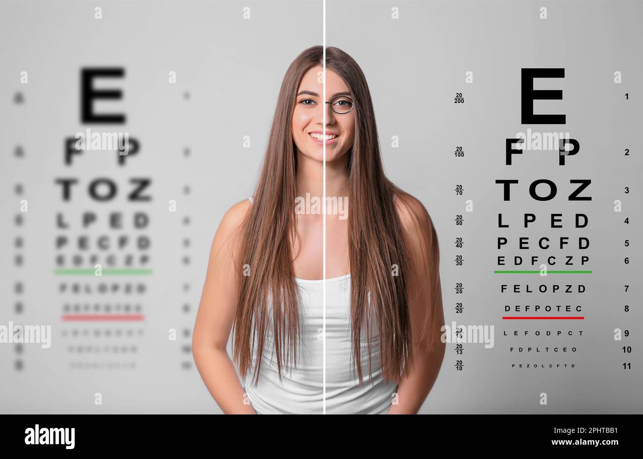 Collage with photos of woman with and without glasses and eye charts on ...