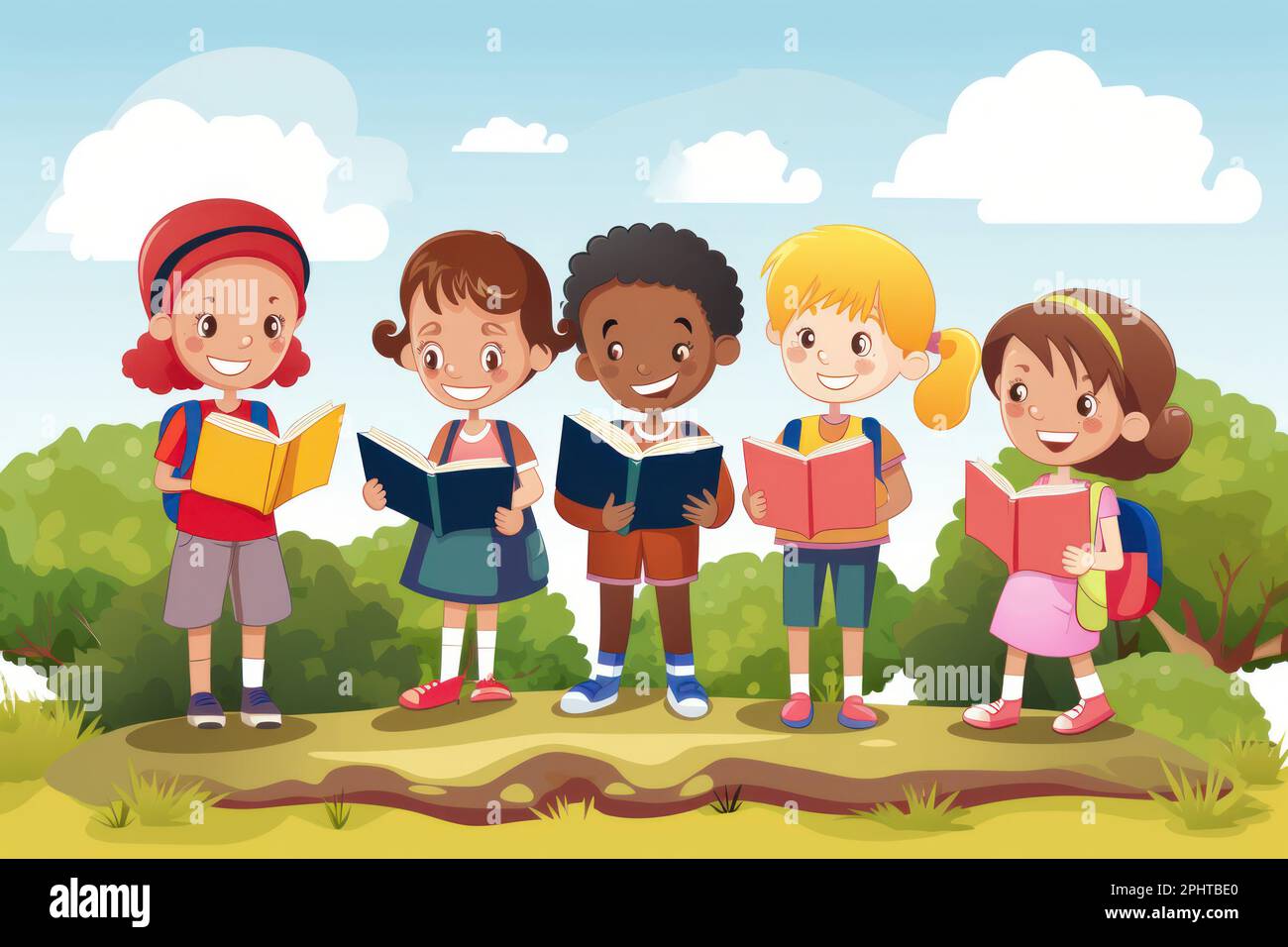 Group kids reading books outside hi-res stock photography and images ...