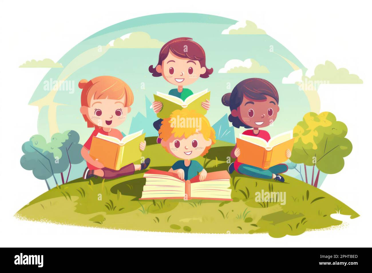 Group of children read books outdoors and smile Stock Photo - Alamy