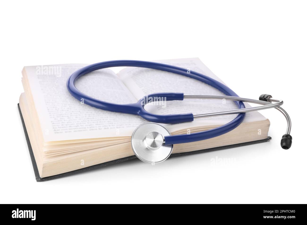Open student textbook and stethoscope on white background. Medical ...
