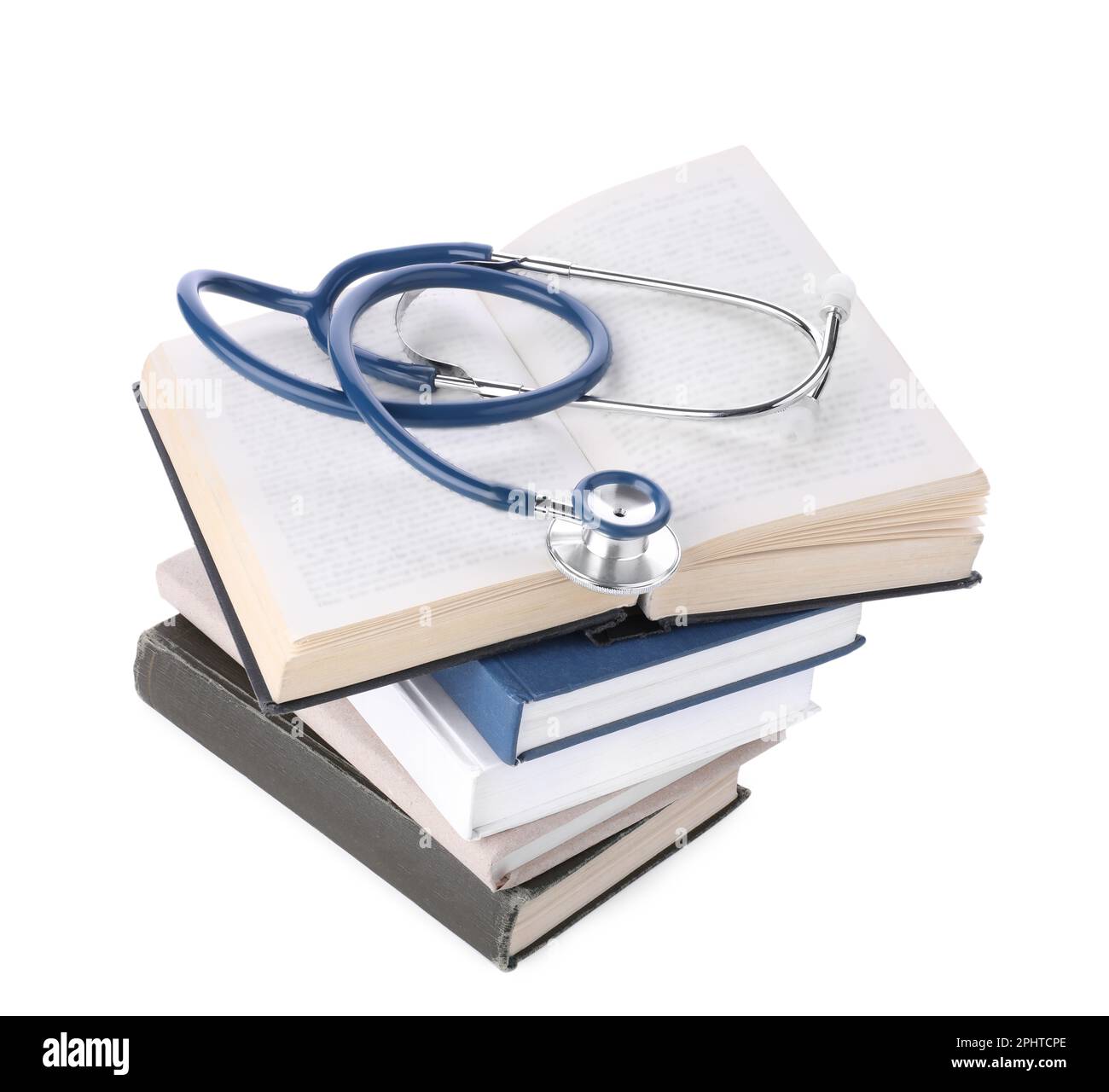 Stack of student textbooks and stethoscope on white background. Medical ...