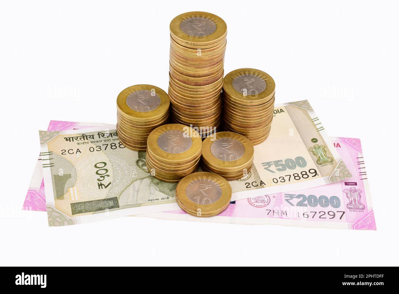 Indian currency rupee note and coin isolated on white background with ...