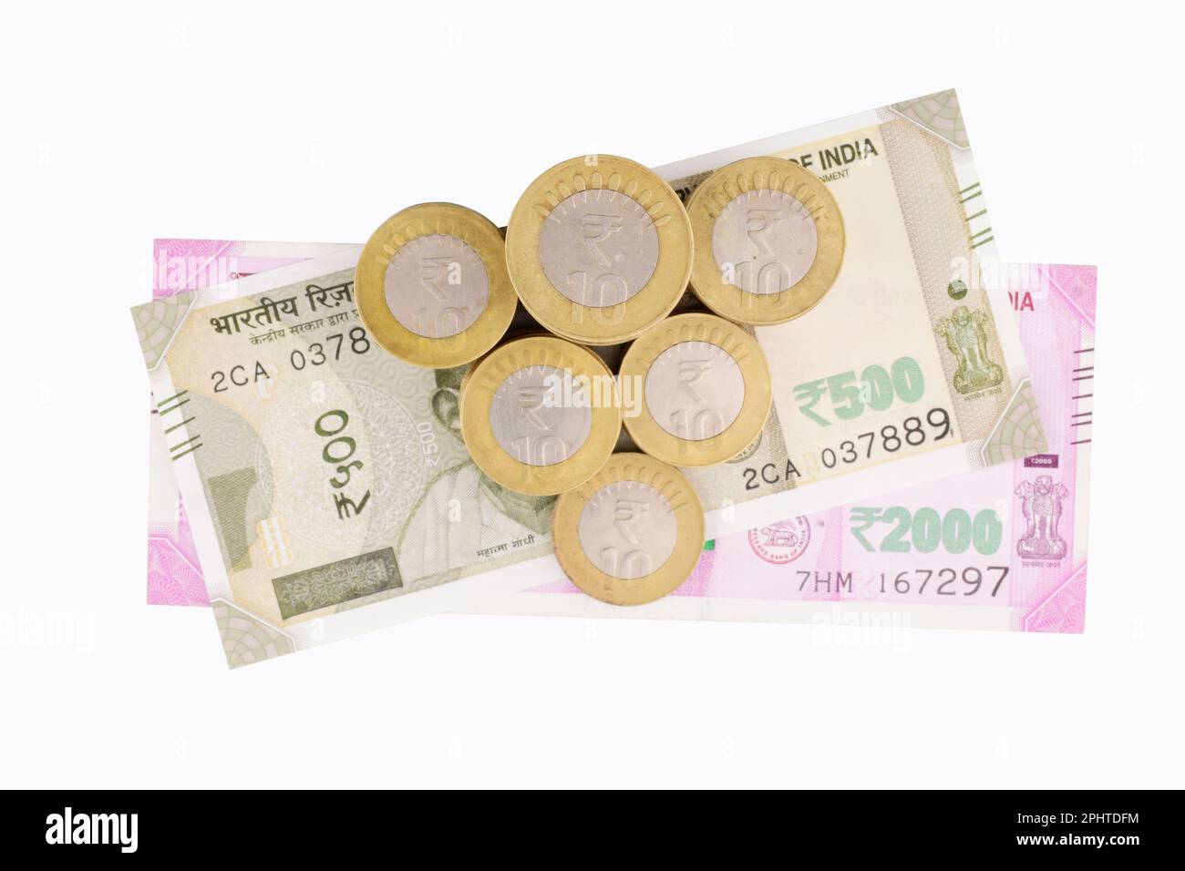 Top view of indian currency rupees on white background Stock Photo - Alamy