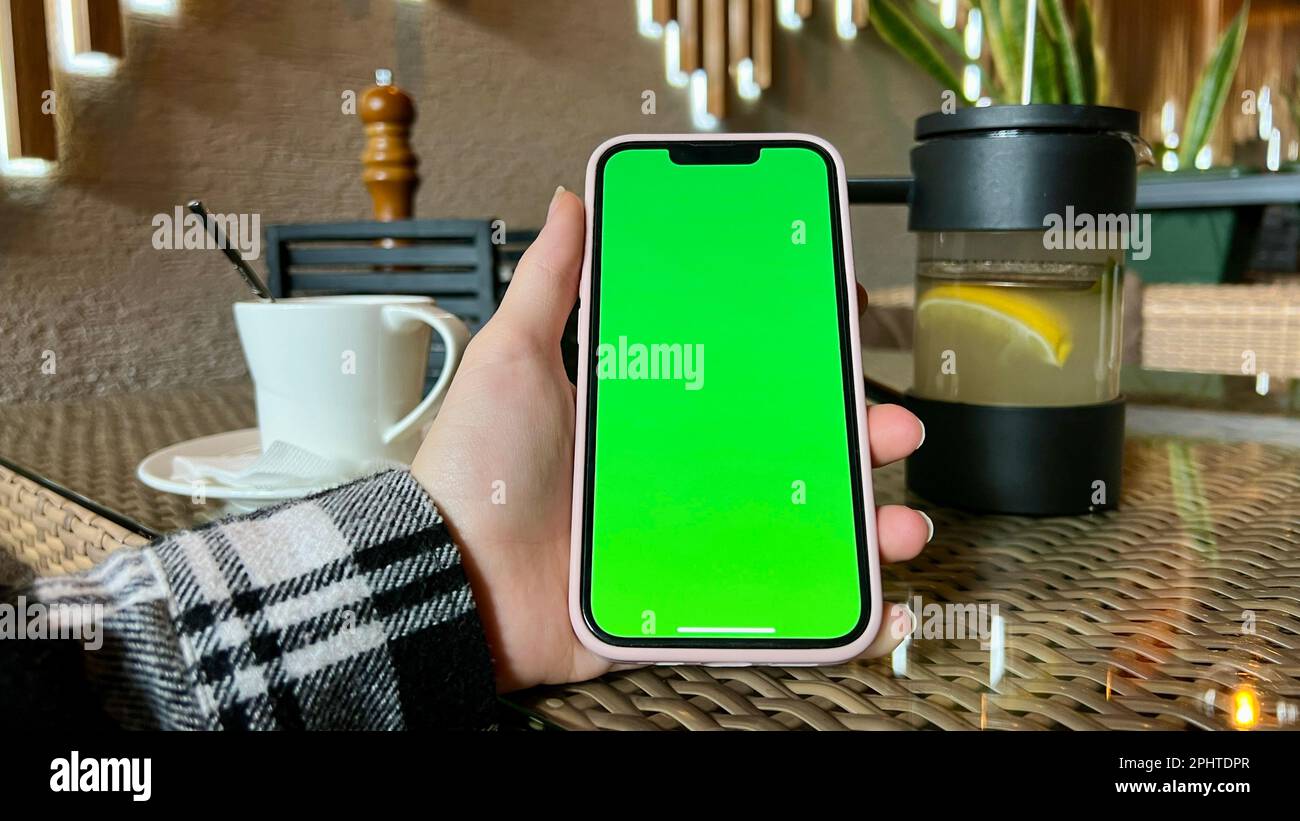 Woman's Hand Holding A Mobile Telephone With A Vertical Green Screen In ...