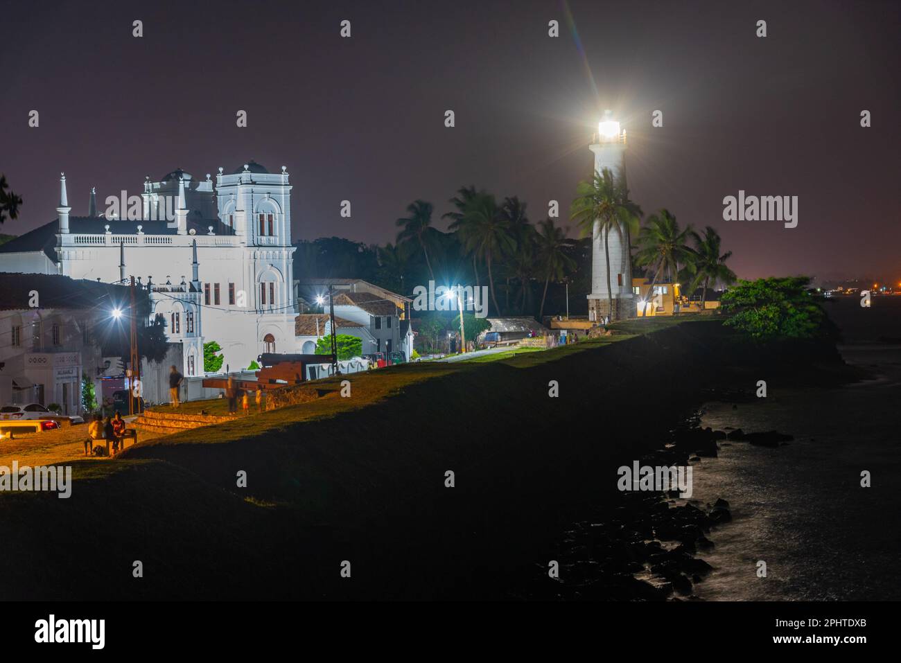 Night view of Meeran Mosque and Galle lighthouse in Sri Lanka Stock ...