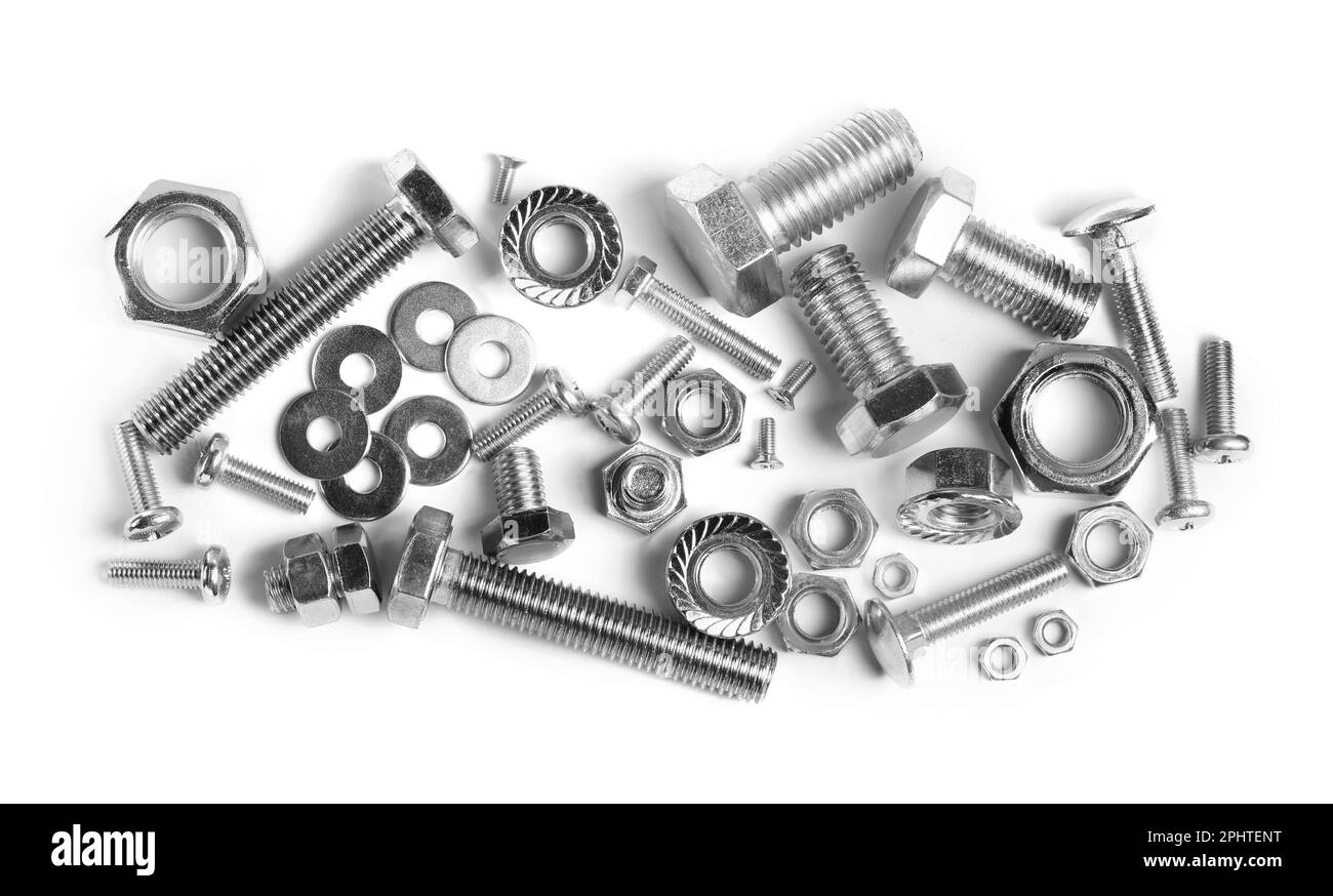 Different metal bolts and nuts on white background, top view Stock ...