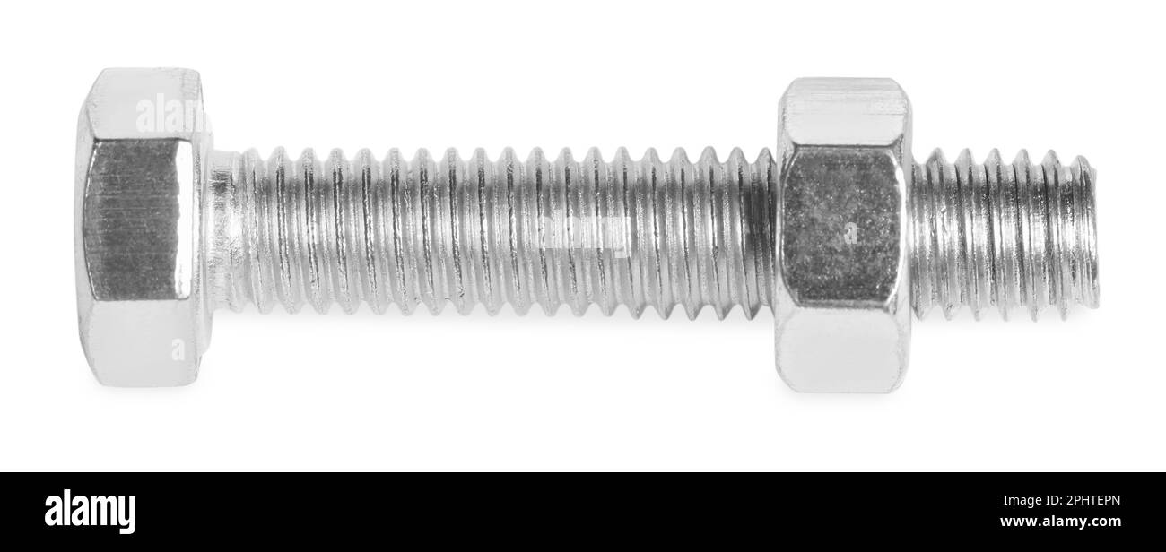 Metal bolt with hex nut on white background, top view Stock Photo - Alamy
