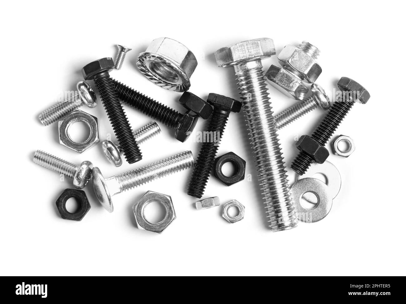Different metal bolts and nuts on white background, top view Stock ...