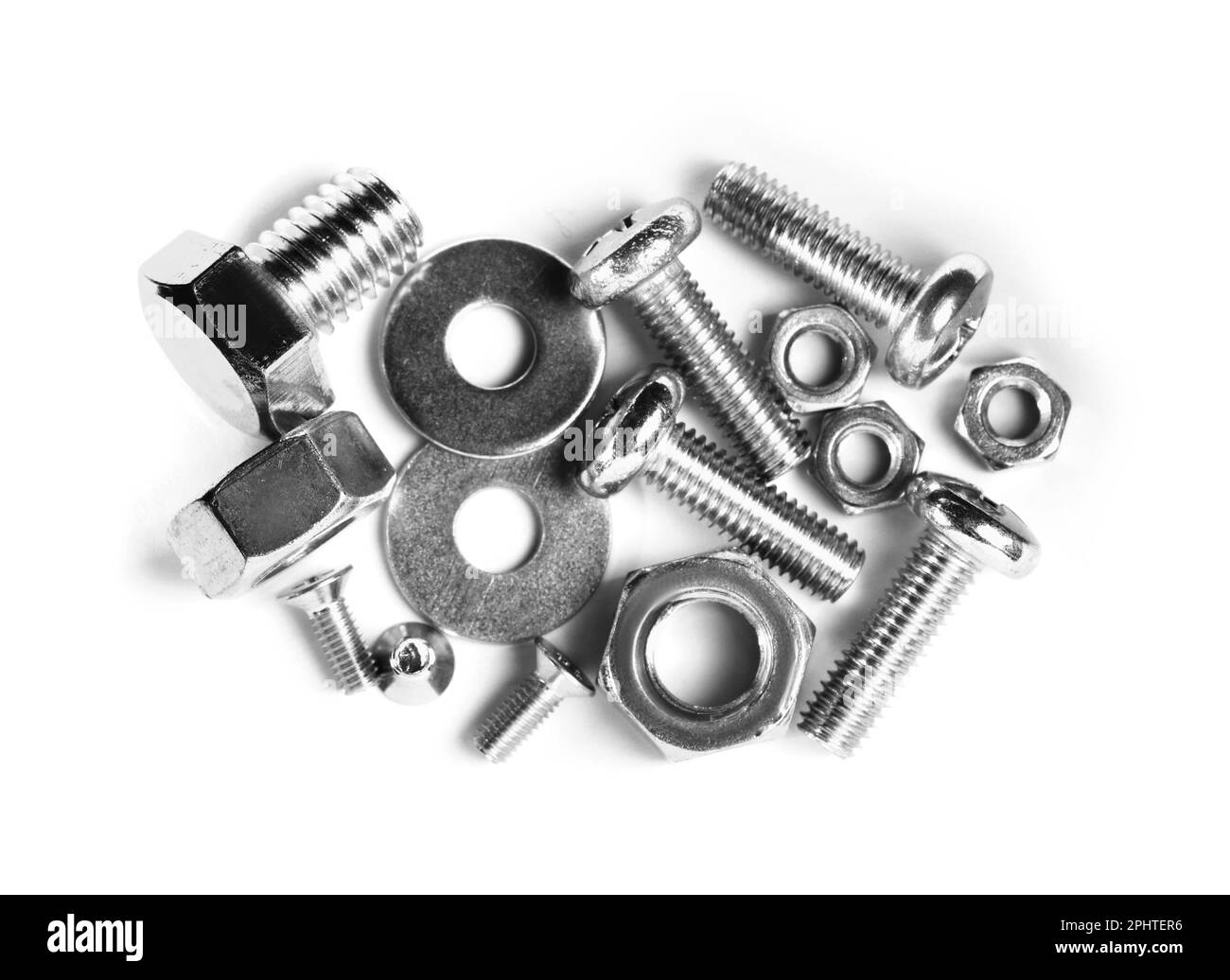 Different metal bolts and nuts on white background, top view Stock ...