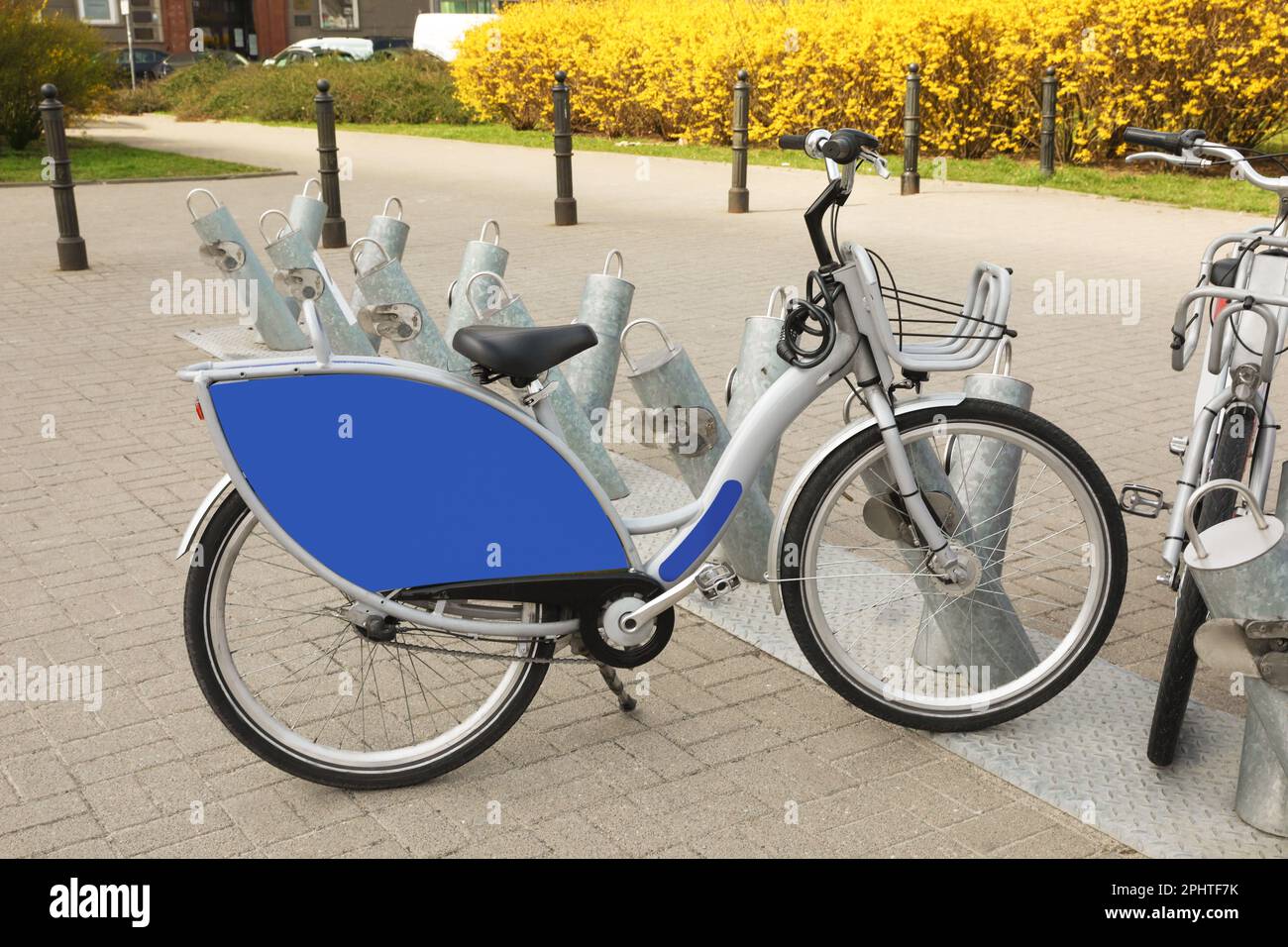 Parking rack with bicycles outdoors. Bike rental Stock Photo - Alamy