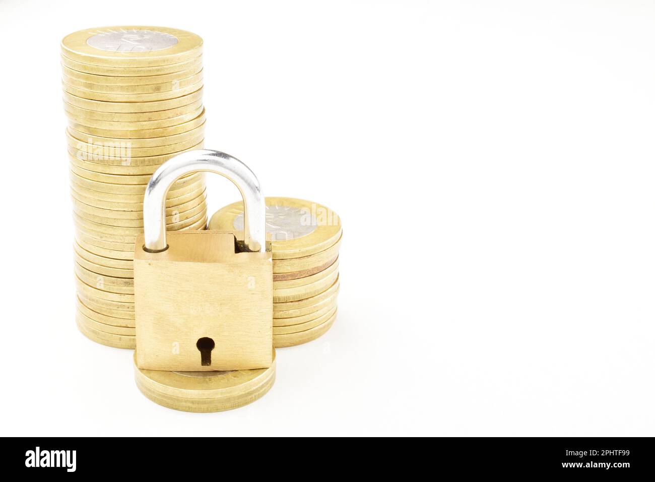 Coins with lock isolated on white background with clipping path, money ...