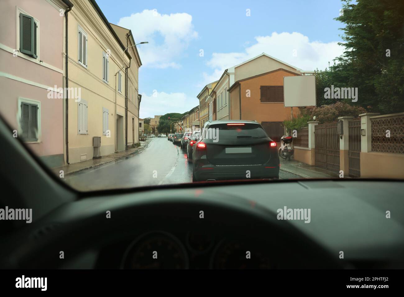 Cars in traffic jam on city street, view from driver's seat Stock Photo ...