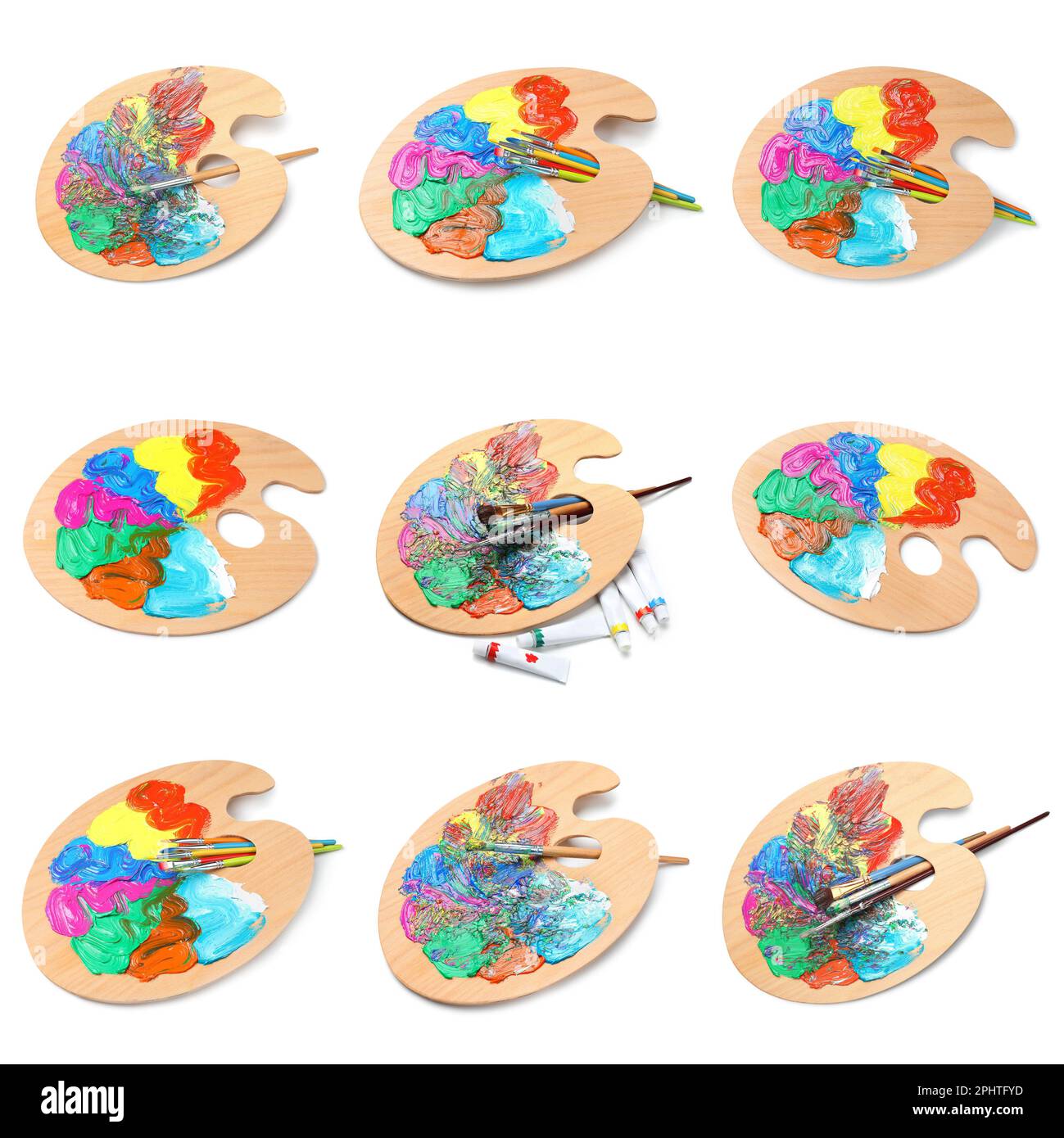 Palettes with paints and brushes on white background, collage Stock ...