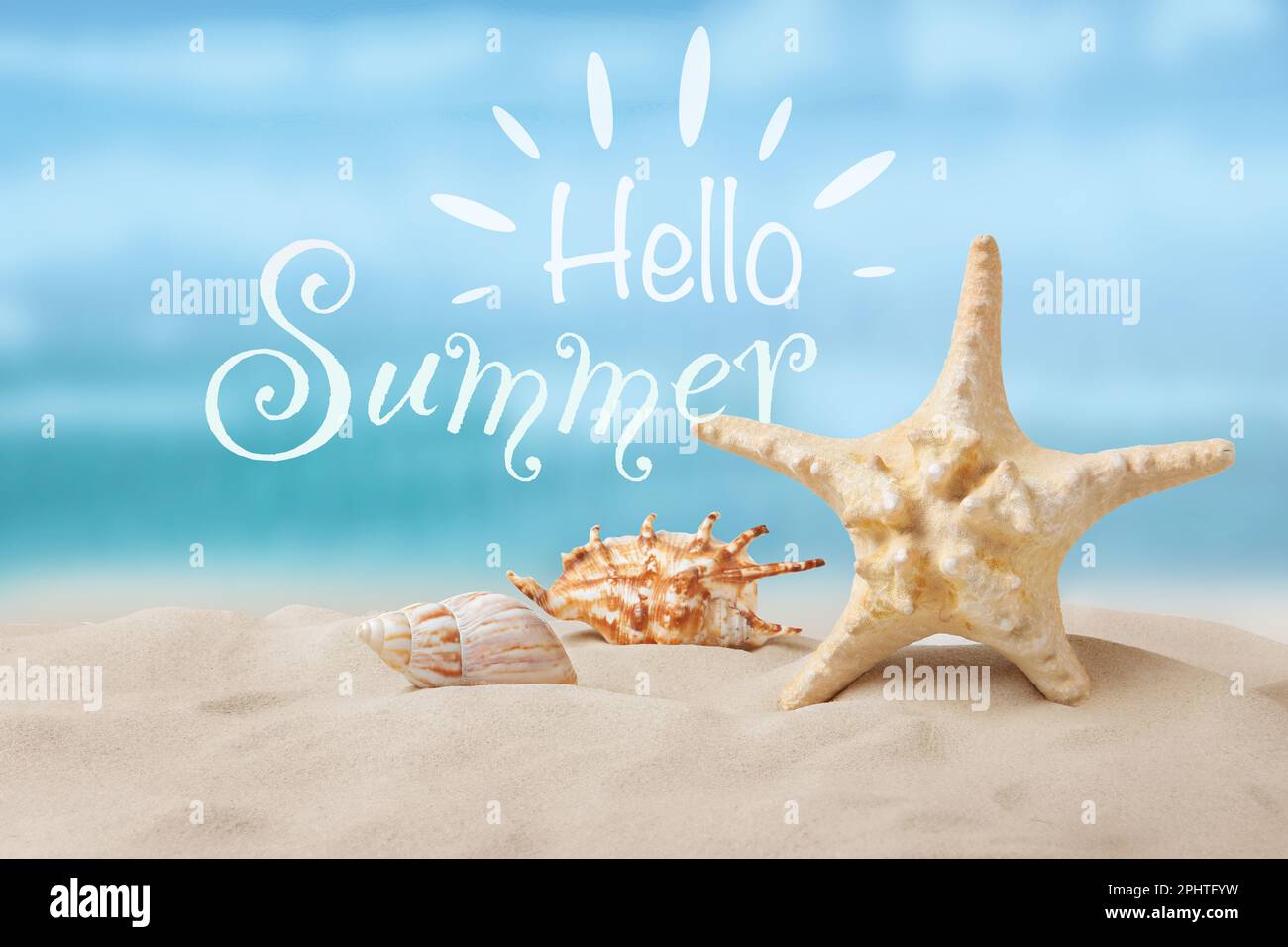 Hello Summer. Beautiful starfish and seashells on sandy beach Stock ...