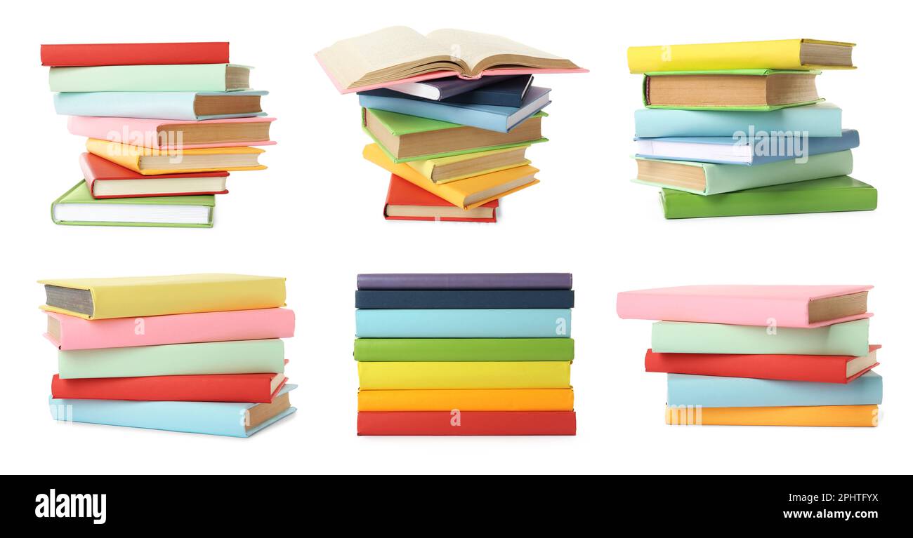 Collection of different hardcover books on white background Stock Photo ...