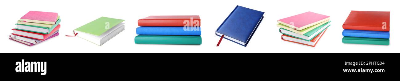 Collection of different hardcover books on white background. Banner ...