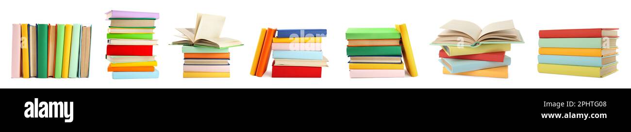 Collection of different hardcover books on white background. Banner ...
